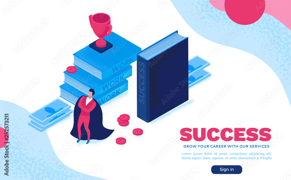 Success 3d isometric illustration, employee win trophy, infographic ...