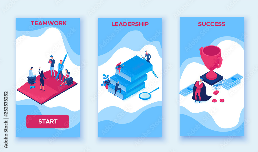 Success career 3 mobile vertical templates, isometric infographic 3d ...