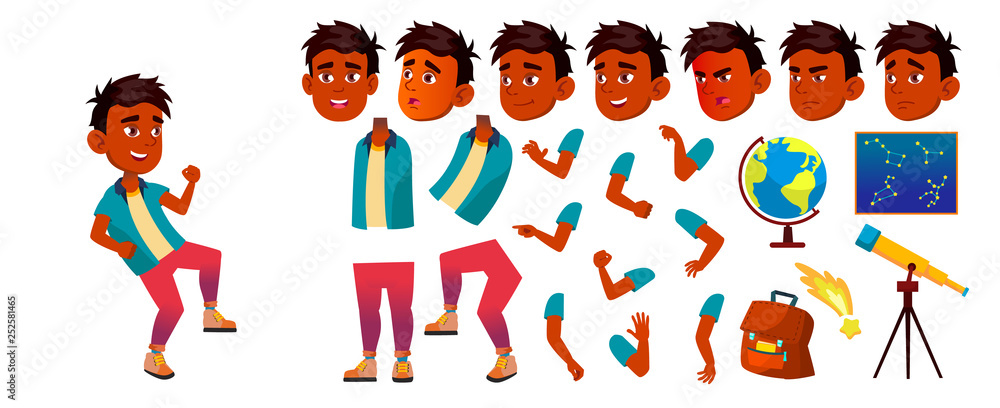 Indian Boy Vector. Primary School Child. Animation Creation Set. Active ...