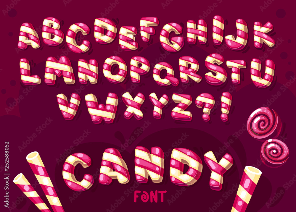 Candy cartoon font. Vector illustration letters set on the dark ...