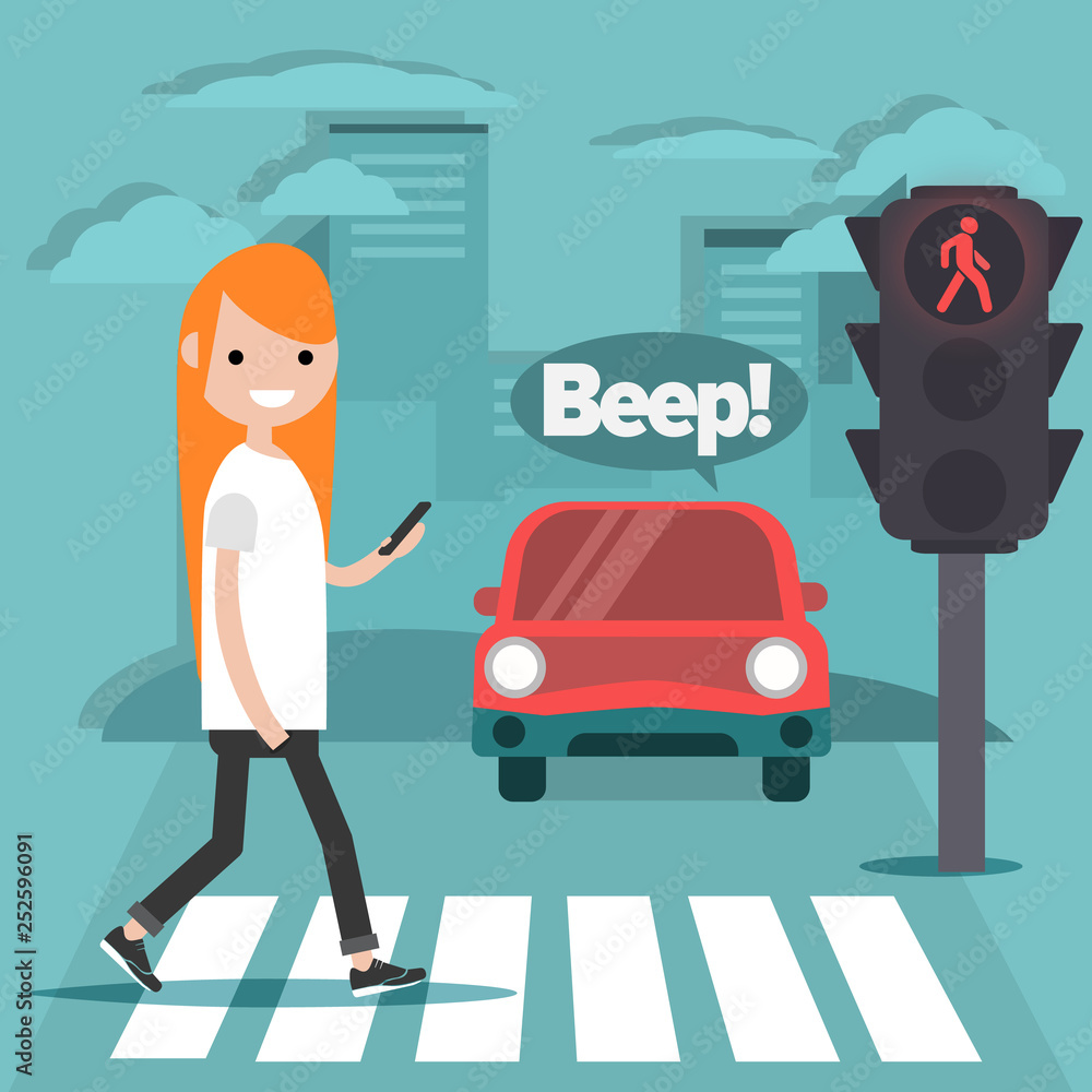 Young character crossing the street on red light.Nomophobia.honking car ...