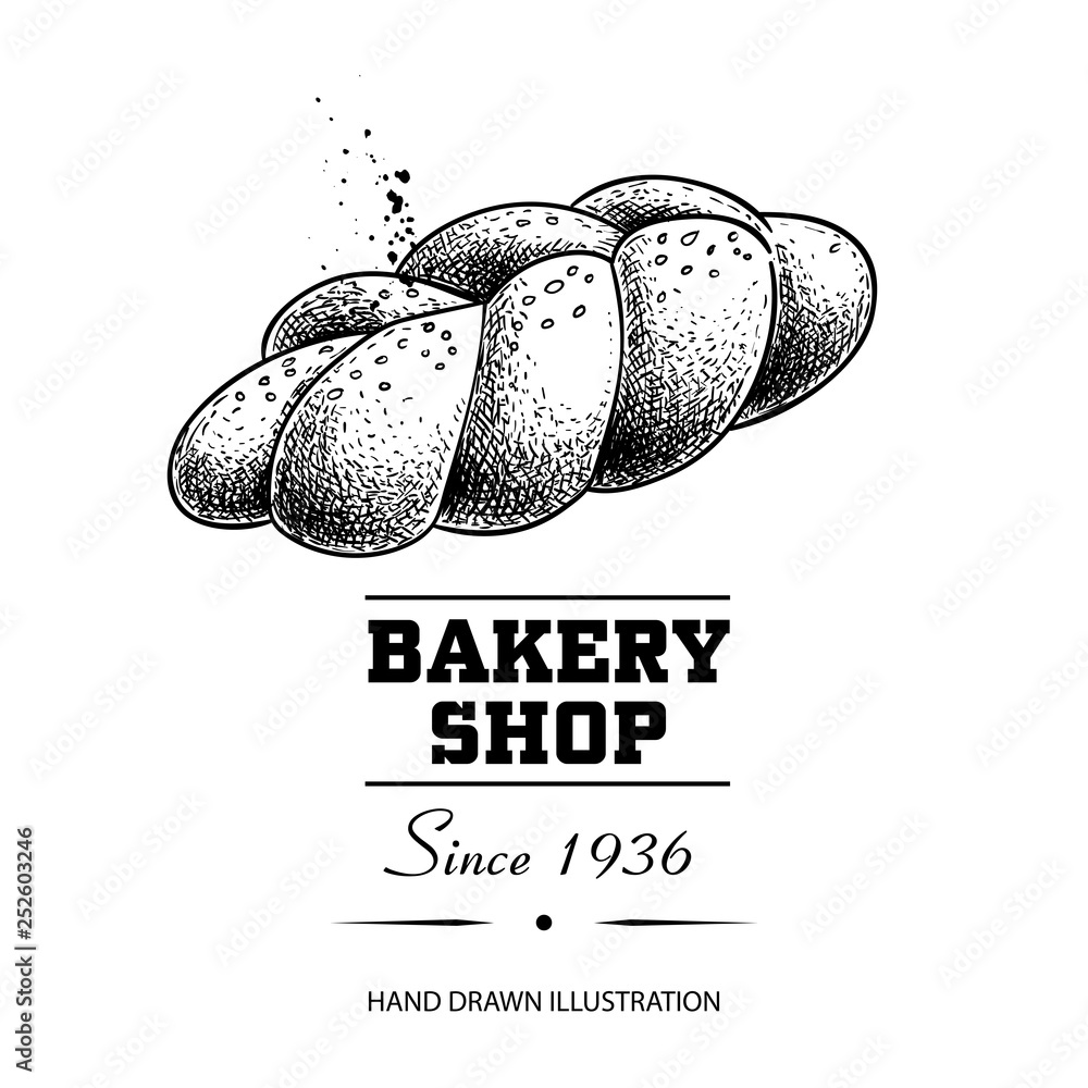 Braided bread loaf sketch drawing. Hand drawn sketch style bakery shop ...