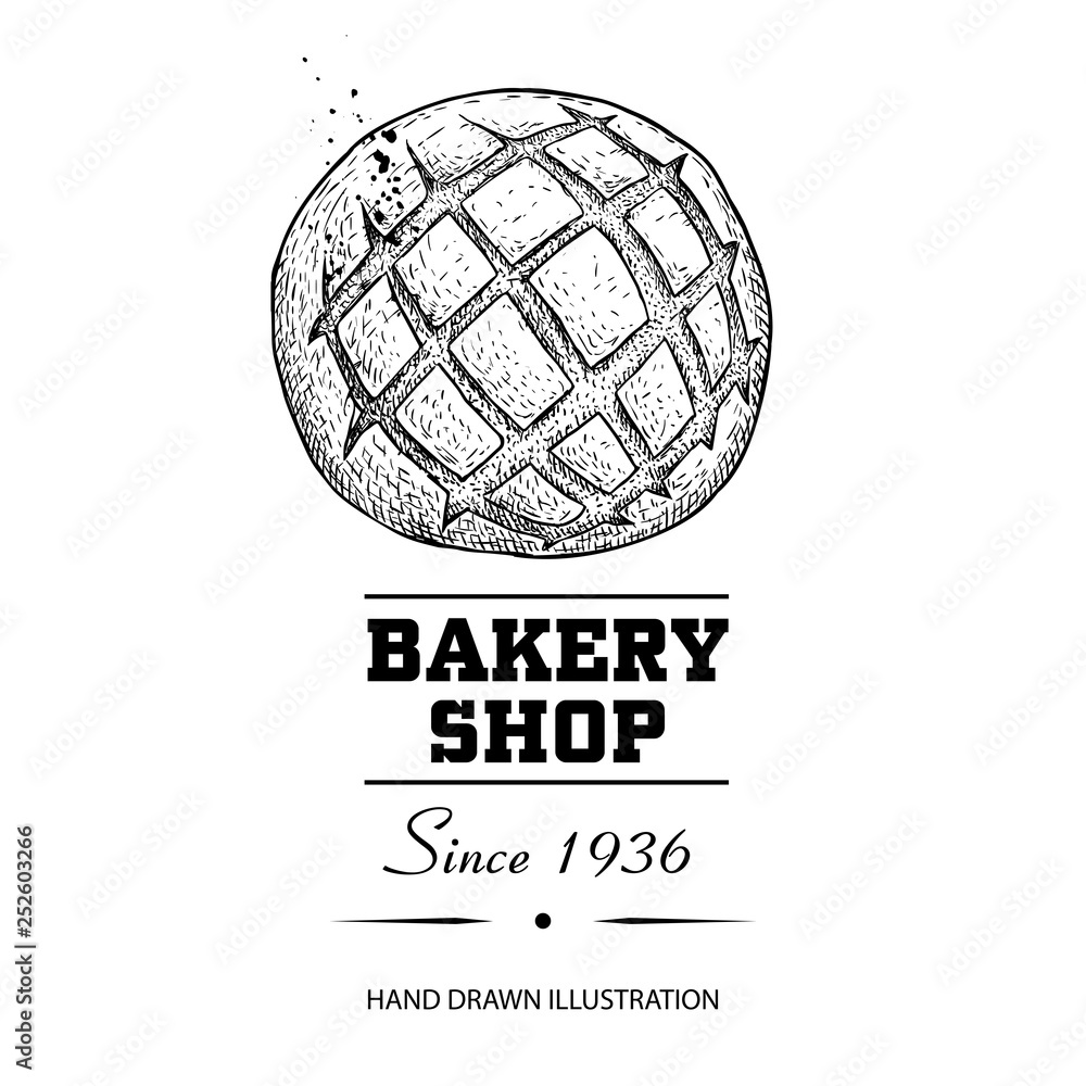 Bread bun top view sketch drawing. Hand drawn sketch style bakery shop ...