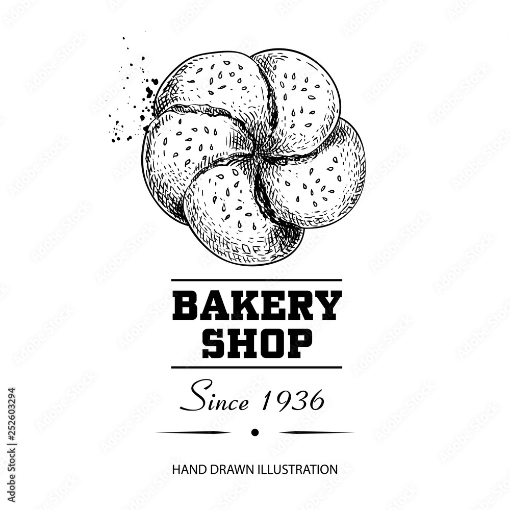 Bread roll with sesame seeds top view sketch drawing. Hand drawn sketch ...