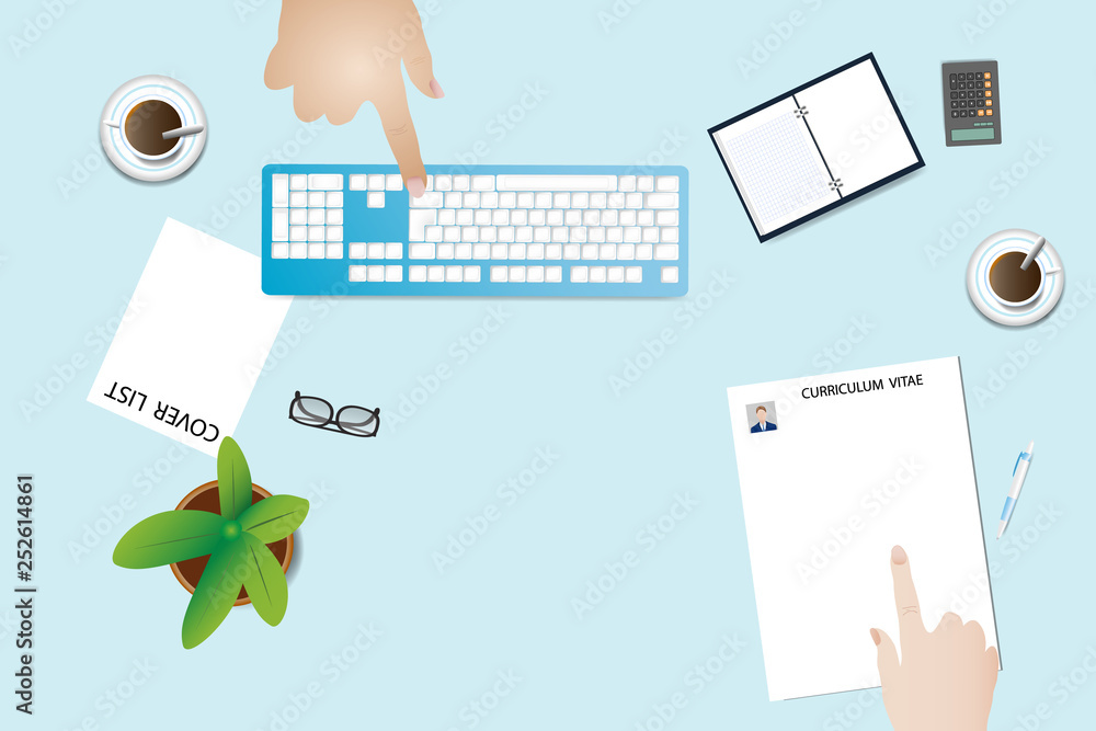 Top view of the office desk with office equipment. Personnel manager is ...