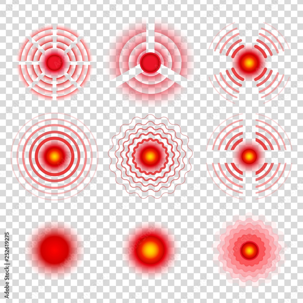 Pain circle symbols. Painkiller remedy spots icons, painful target red ...