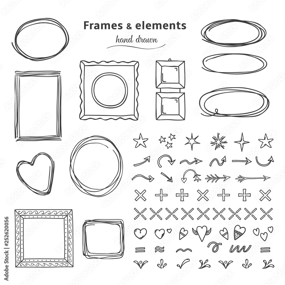 Doodle frames and elements. Hand drawn square round line frames, pencil ...