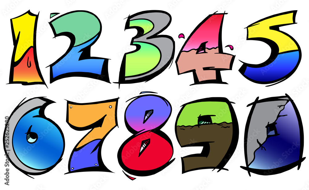 Numeric from 0-9 in graffiti bold stroke vector outline in gradient ...