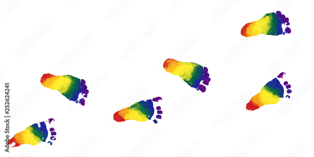 Bright rainbow tiny baby's feet prints walk on white background, symbol ...