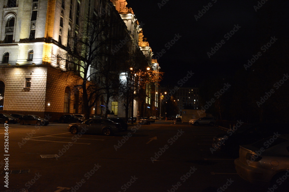 Moscow, Russia, night city, buildings, moon, moonlight, cars, dogrog ...