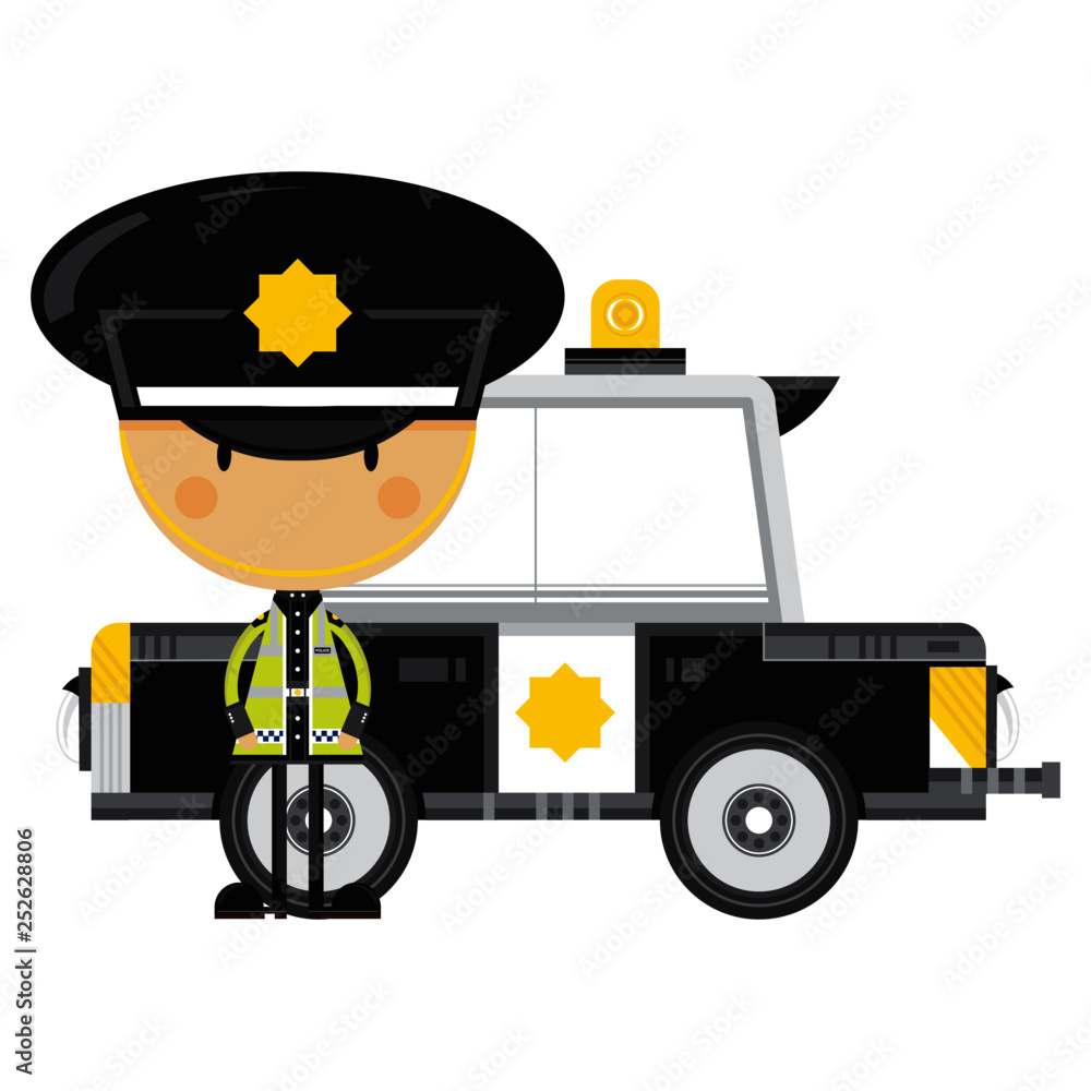 Cartoon Policeman and Police Car Illustration Stock Vector | Adobe Stock