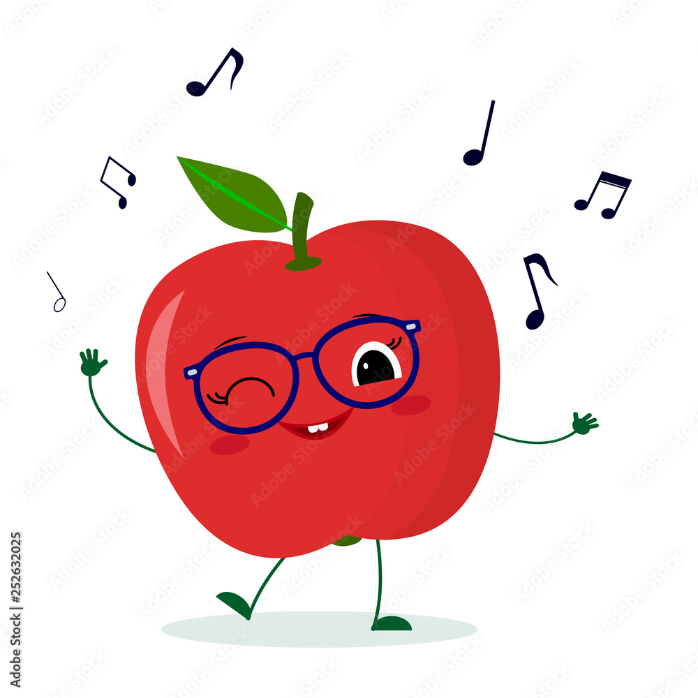 Cute red apple cartoon character in glasses dances to music. Logo ...