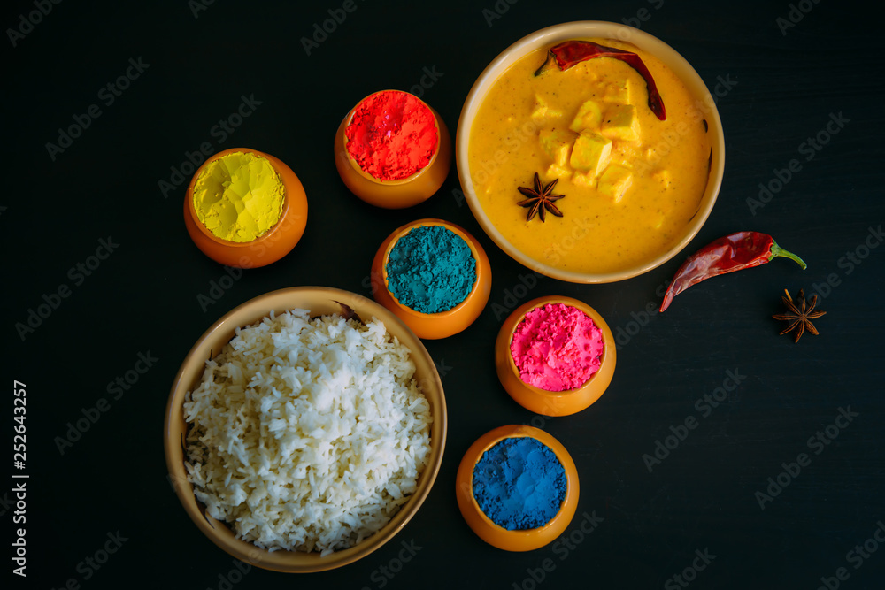 Holi indian festival of colors. Food with colours, steam rice, panir ...