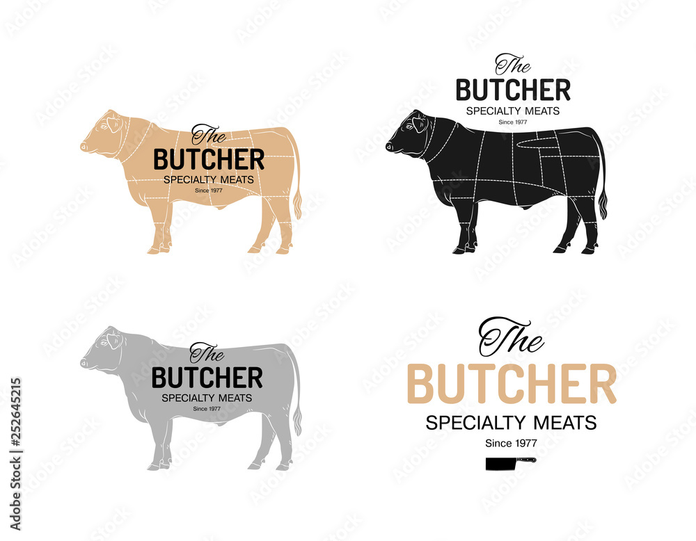Beef cow butcher meat shop logotype or sign. Calf bull Angus isolated ...