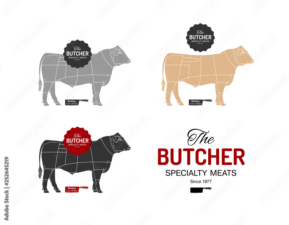 Beef cow butcher meat shop logotype or sign. Calf bull Angus isolated ...