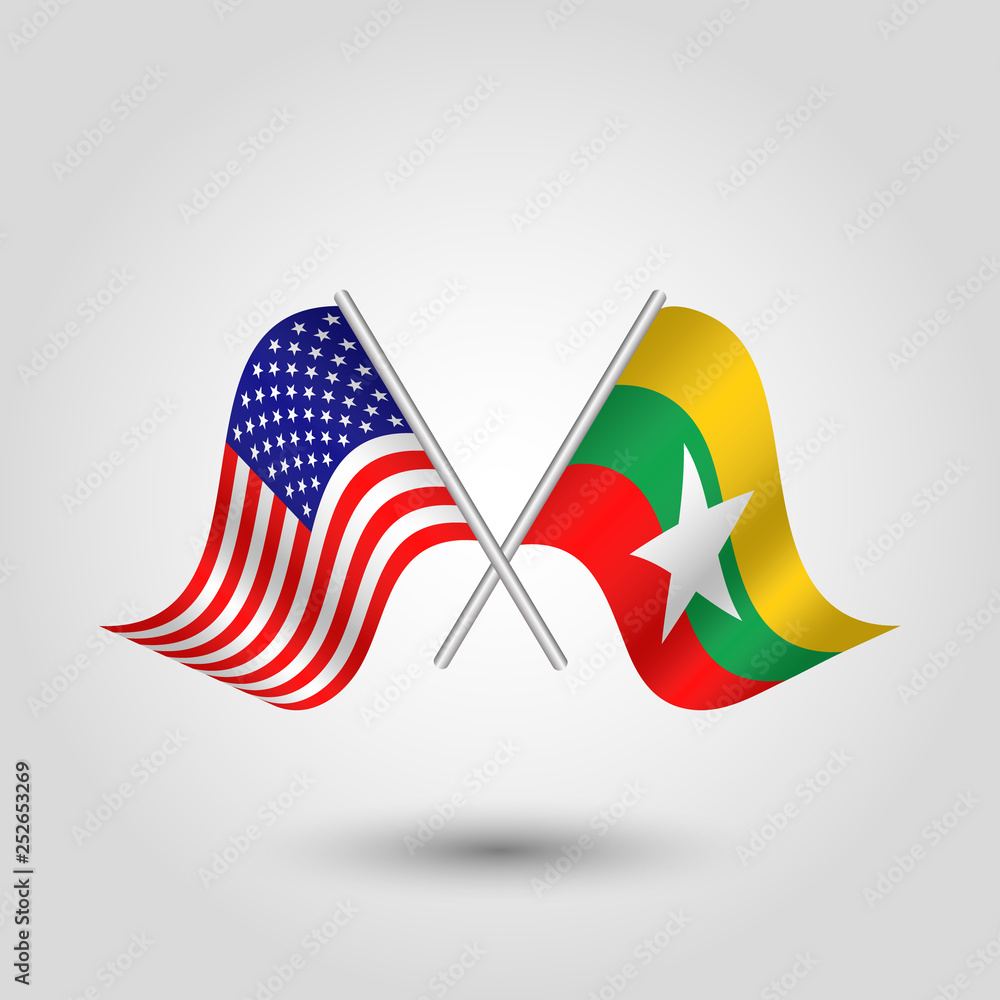 Vetor de vector two crossed american and burmese flags on silver sticks ...