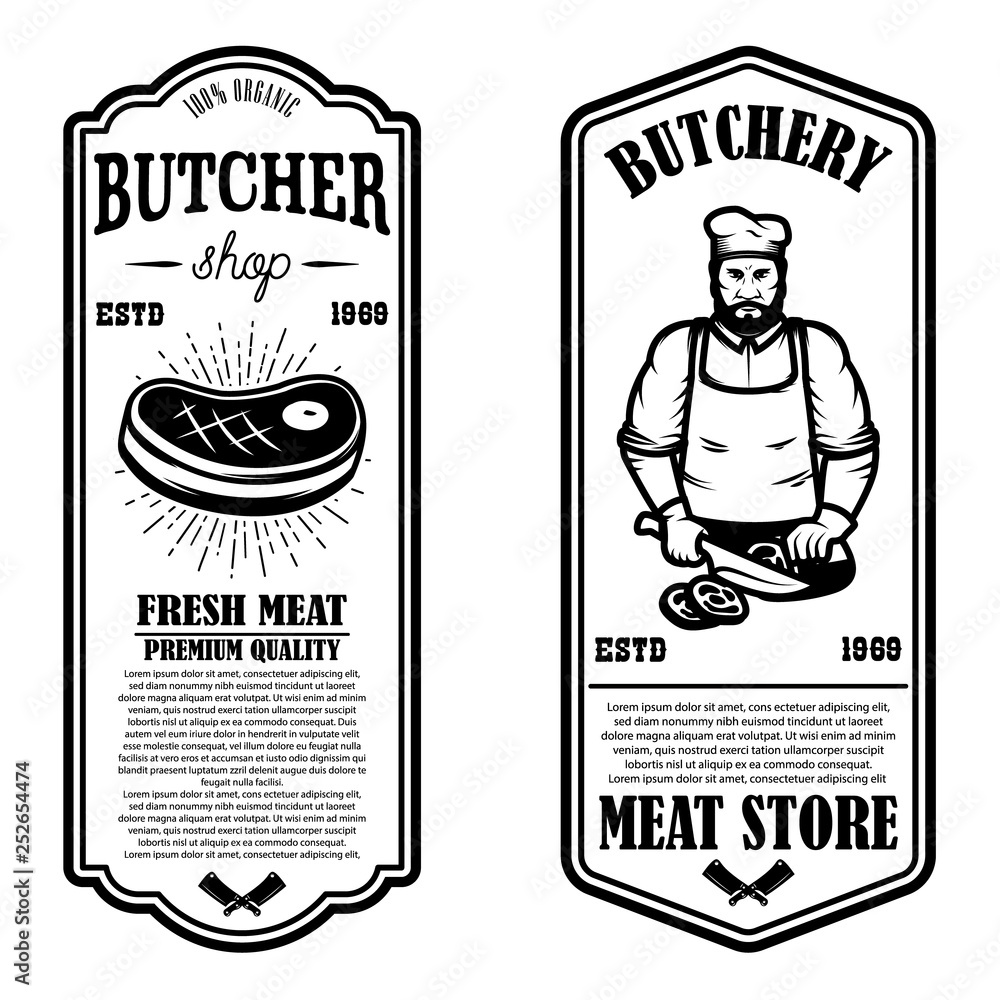 Set of meat store flyers. Design element for banner, logo, sign, poster ...