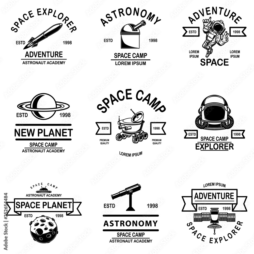 Set of space camp emblems. Design element for logo, label, sign, poster ...