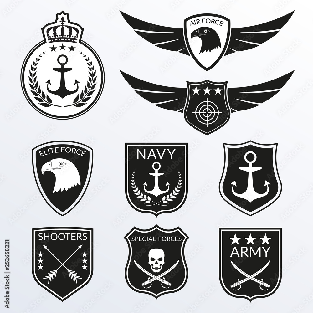 Army and Military badge and logo set. Air Force emblem with Wings and ...