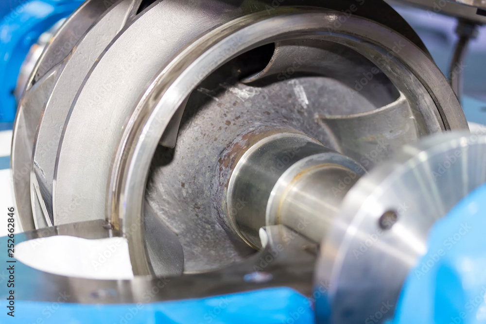 Close up cross section detail impeller and inside centrifugal pump for ...