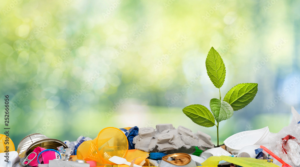 Small green plant grows through plastic trash Stock Photo | Adobe Stock