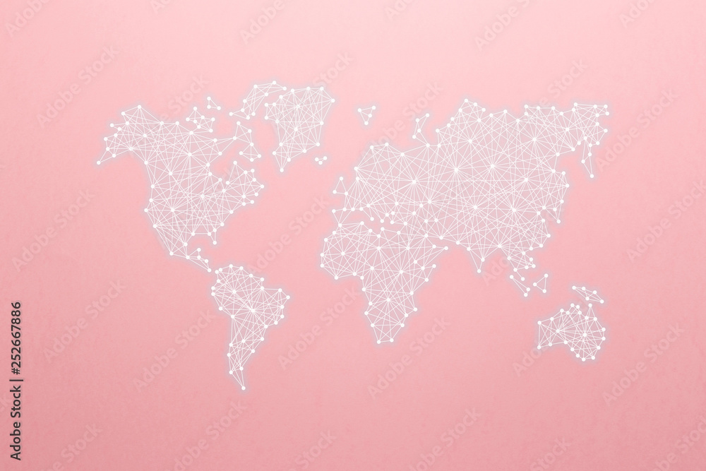 World map on the principle of neural networks on the pink background ...