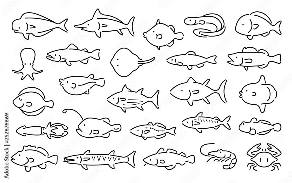 Saltwater fish vector set (Thin line , Outline style) Stock Vector ...