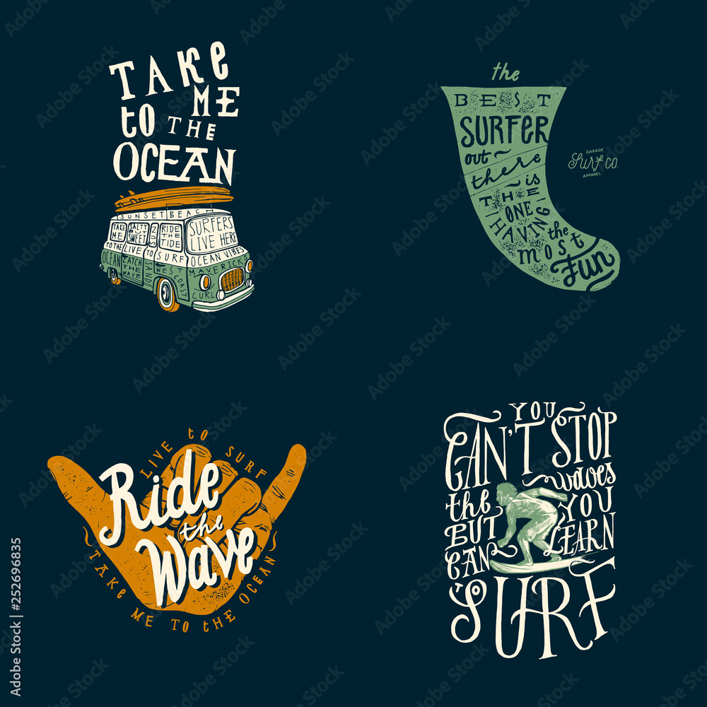 Surfing t-shirt design set: take me to the ocean - surfing van ...