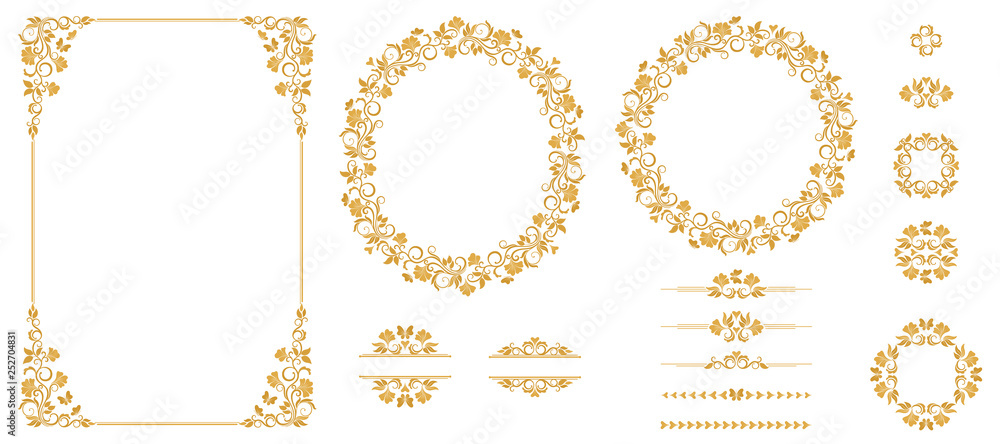 Vector set of graphic elements for design in gold color. Floral ...