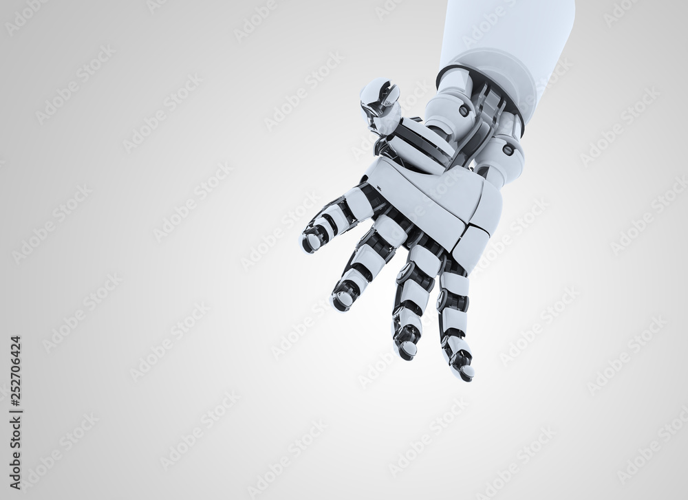 Futuristic Robot hand showing gesture, isolated on white background ...
