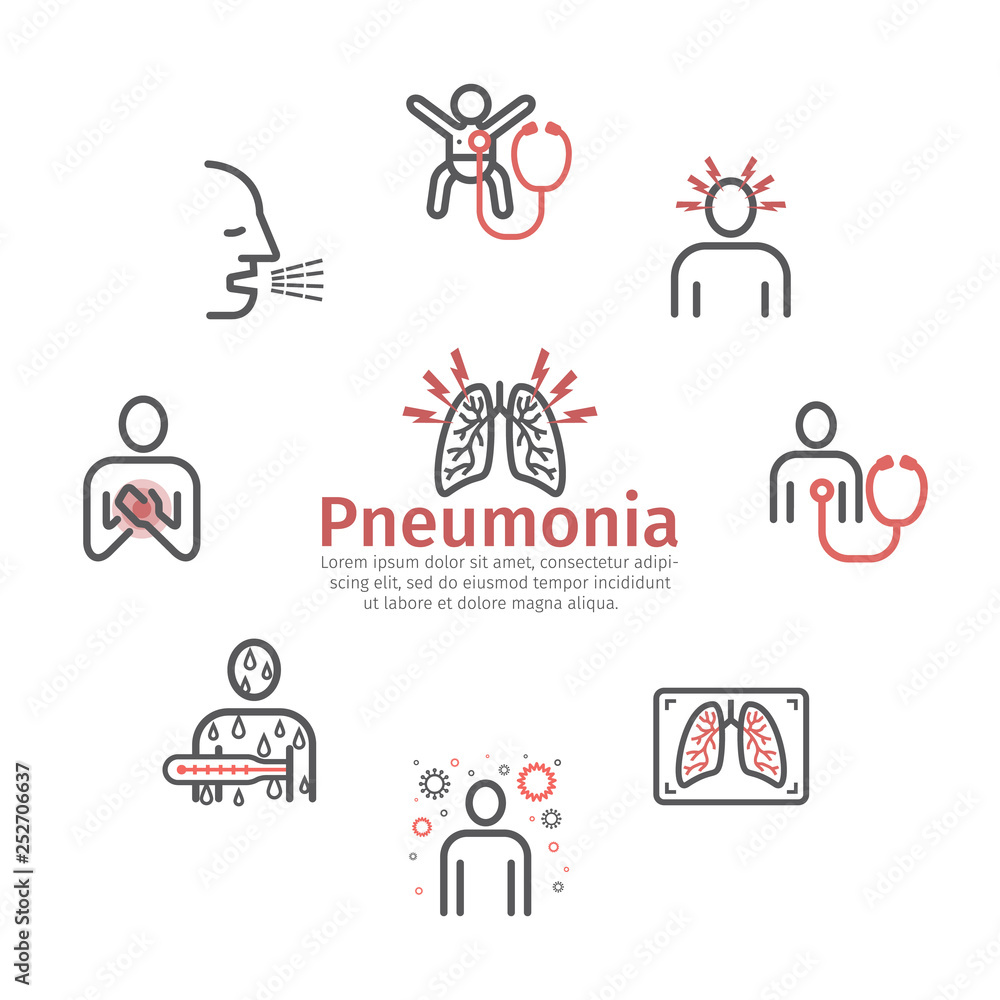 Pneumonia. Symptoms, Treatment. Line icons set. Vector infographics ...