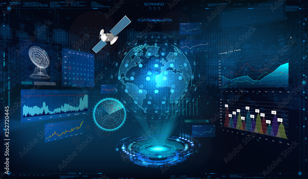 Hud dashboard, UI interface, earth globe, control center, command, game ...