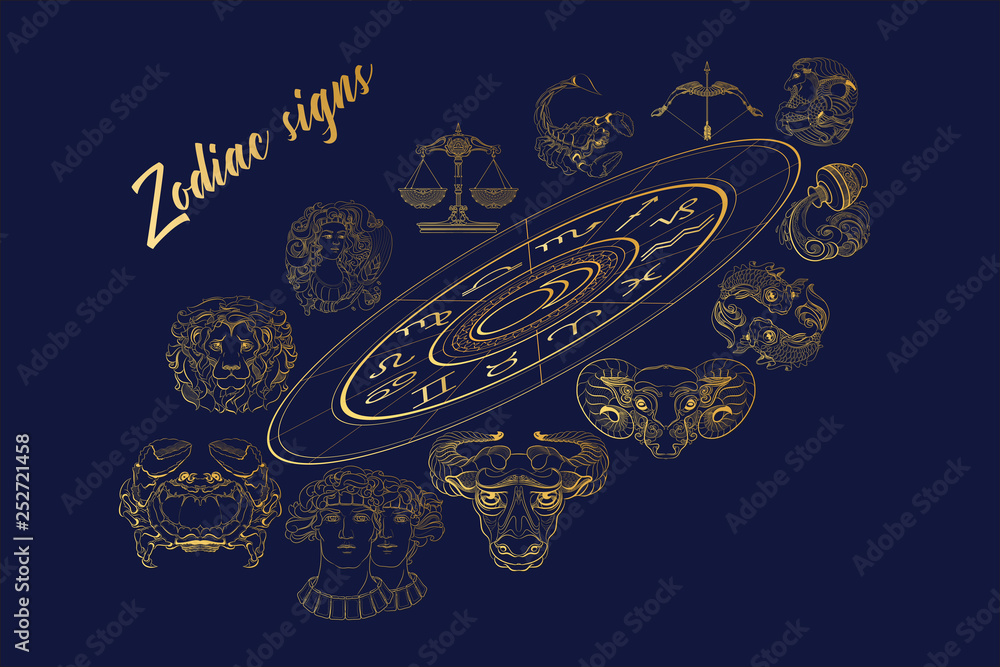 Vector set of golden outline zodiac signs. Vector illustration. Stock ...