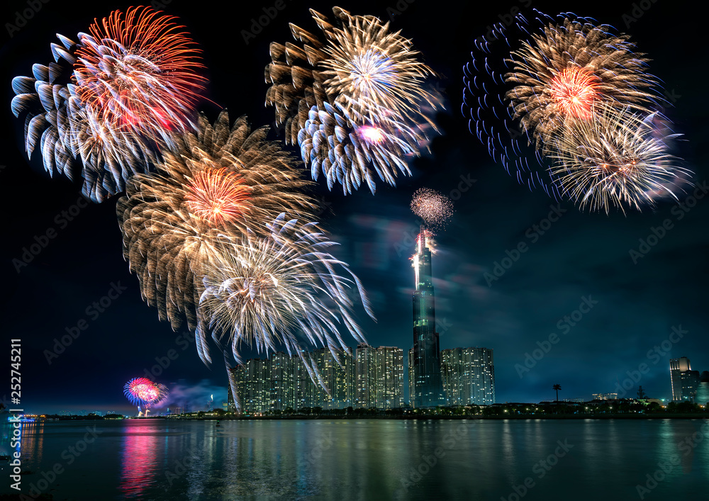 Ho Chi Minh City, Vietnam - February 4th, 2019: Colorful fireworks ...