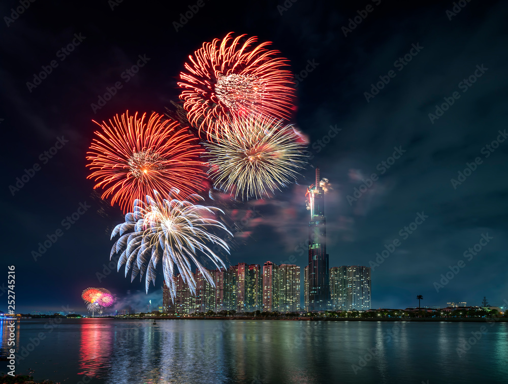 Ho Chi Minh City, Vietnam - February 4th, 2019: Colorful fireworks ...