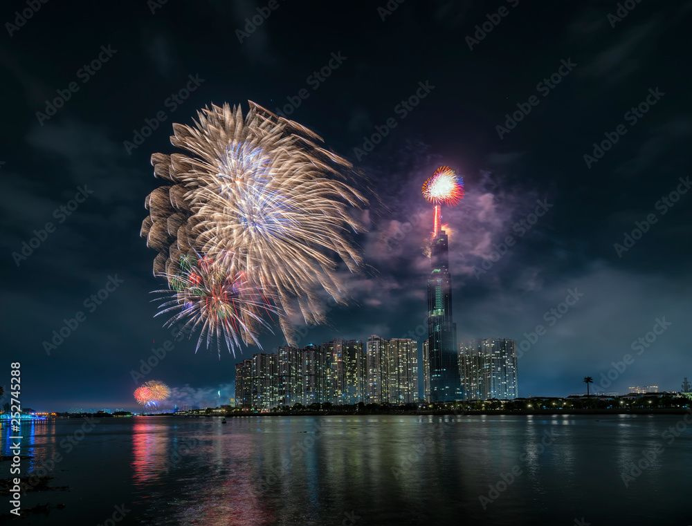 Ho Chi Minh City, Vietnam - February 4th, 2019: Colorful fireworks ...