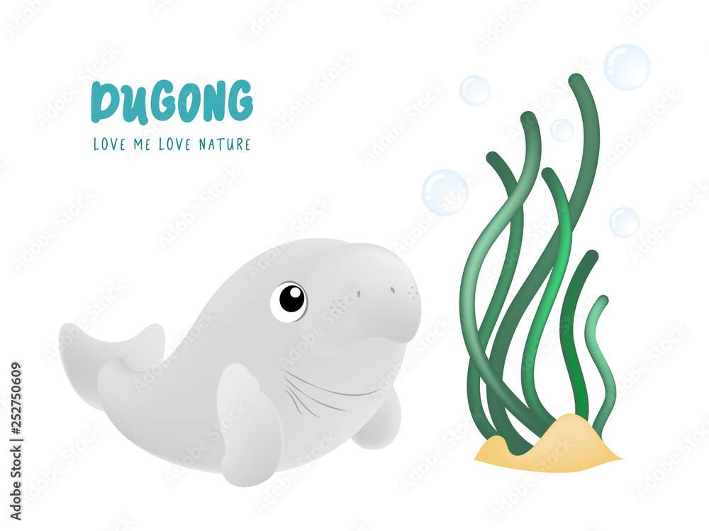 Cute cartoon a sea cow or dugong swimming under the water near sea ...