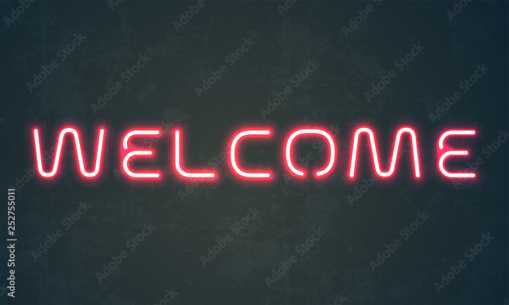 Welcome neon light sign. Vector red neon signage of glowing welcome ...