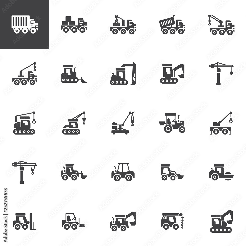 Construction truck vector icons set, modern solid symbol collection ...