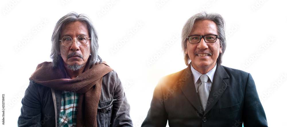 Senior man, comparing images before and after, rich and poor, wealth ...