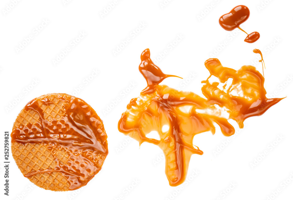 Caramel round waffle with Caramel sauce isolated on white background ...