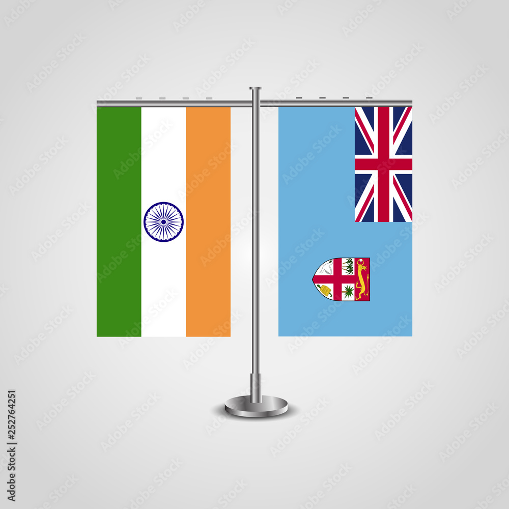 Table stand with flags of India and Fiji.Two flag. Flag pole ...