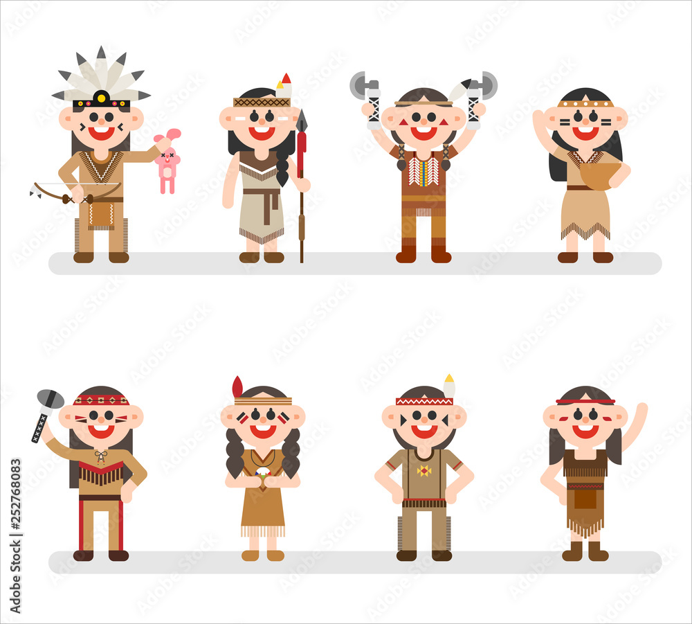 Cute native American characters. flat design style minimal vector ...