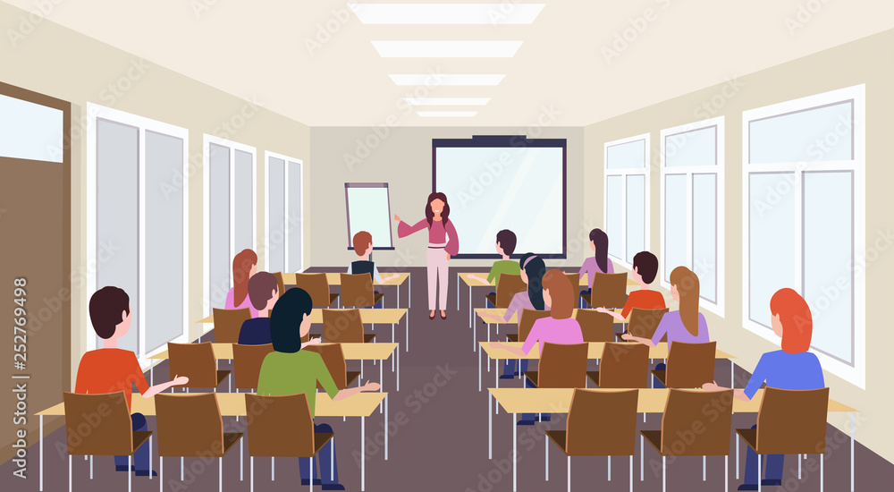 group of students listening female teacher training presentation modern ...