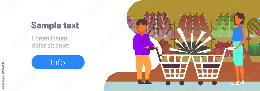 couple man woman customers with crashed shopping trolley carts big ...