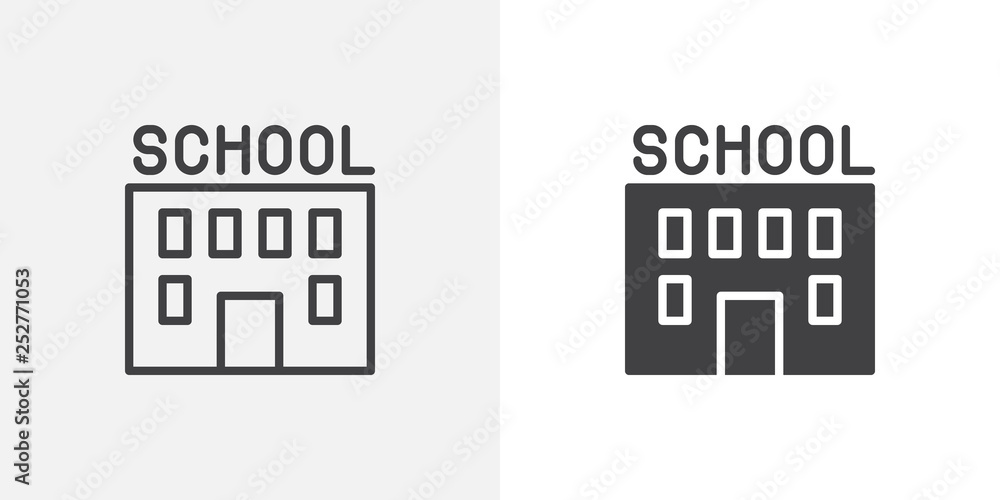 School building icon. line and glyph version, outline and filled vector ...