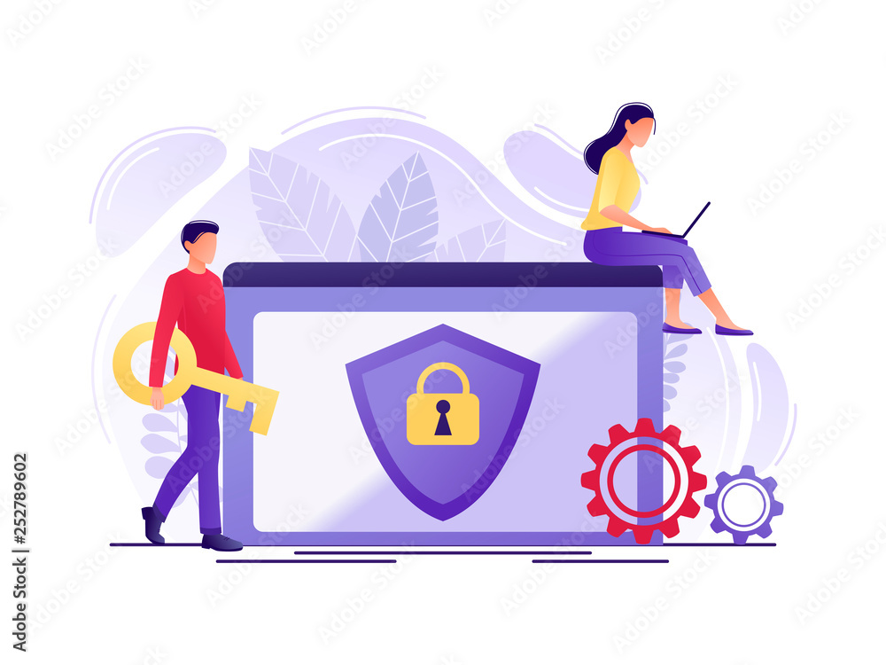 Security - people protecting computer data. Data protection concept for web page, banner ...