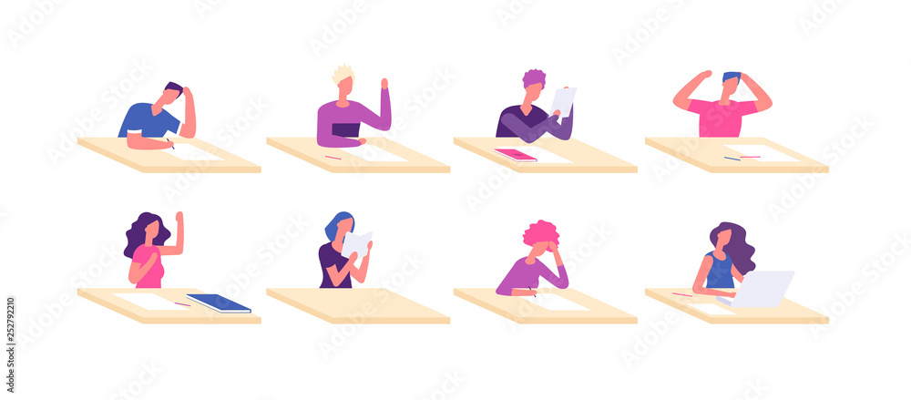 Student at desks. Young boy girl sitting desk pupil teenagers at tables ...