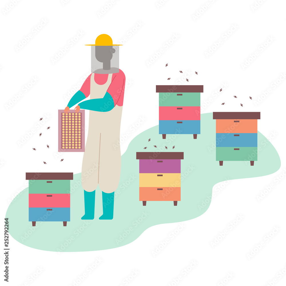 Beekeeper collects honey near the beehive. Vector cartoon flat man ...