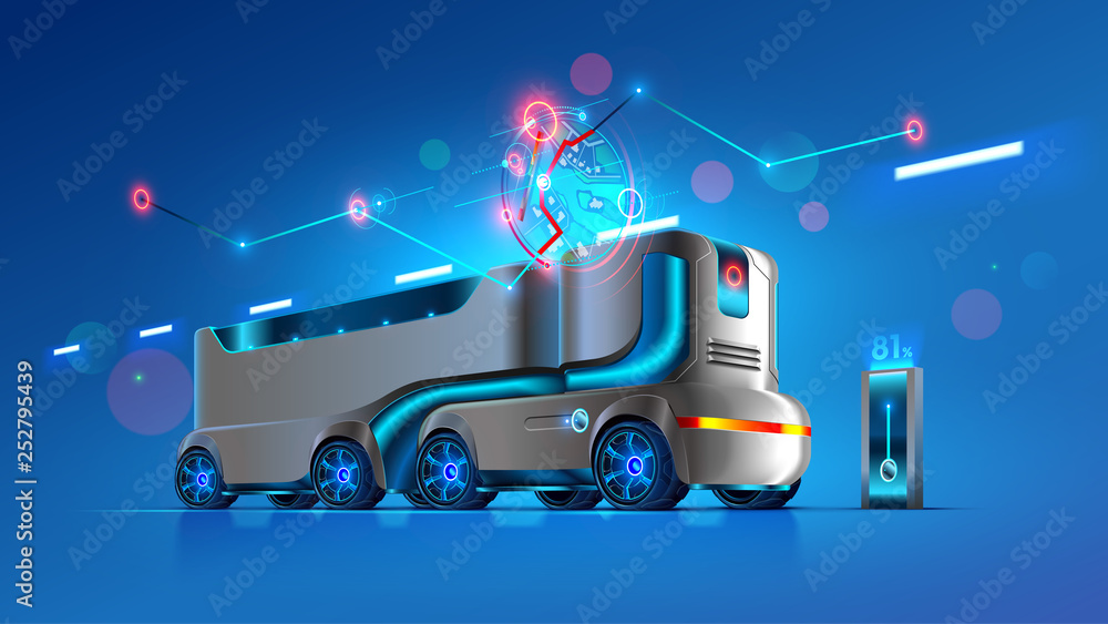 Autonomous driverless truck follows the specified route on the map ...